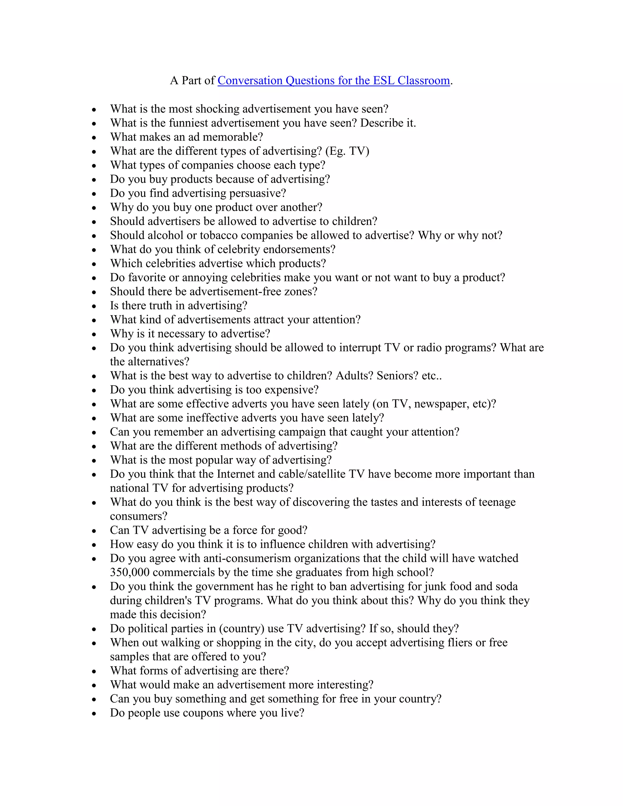 A part of conversation questions for the esl classroom | PDF