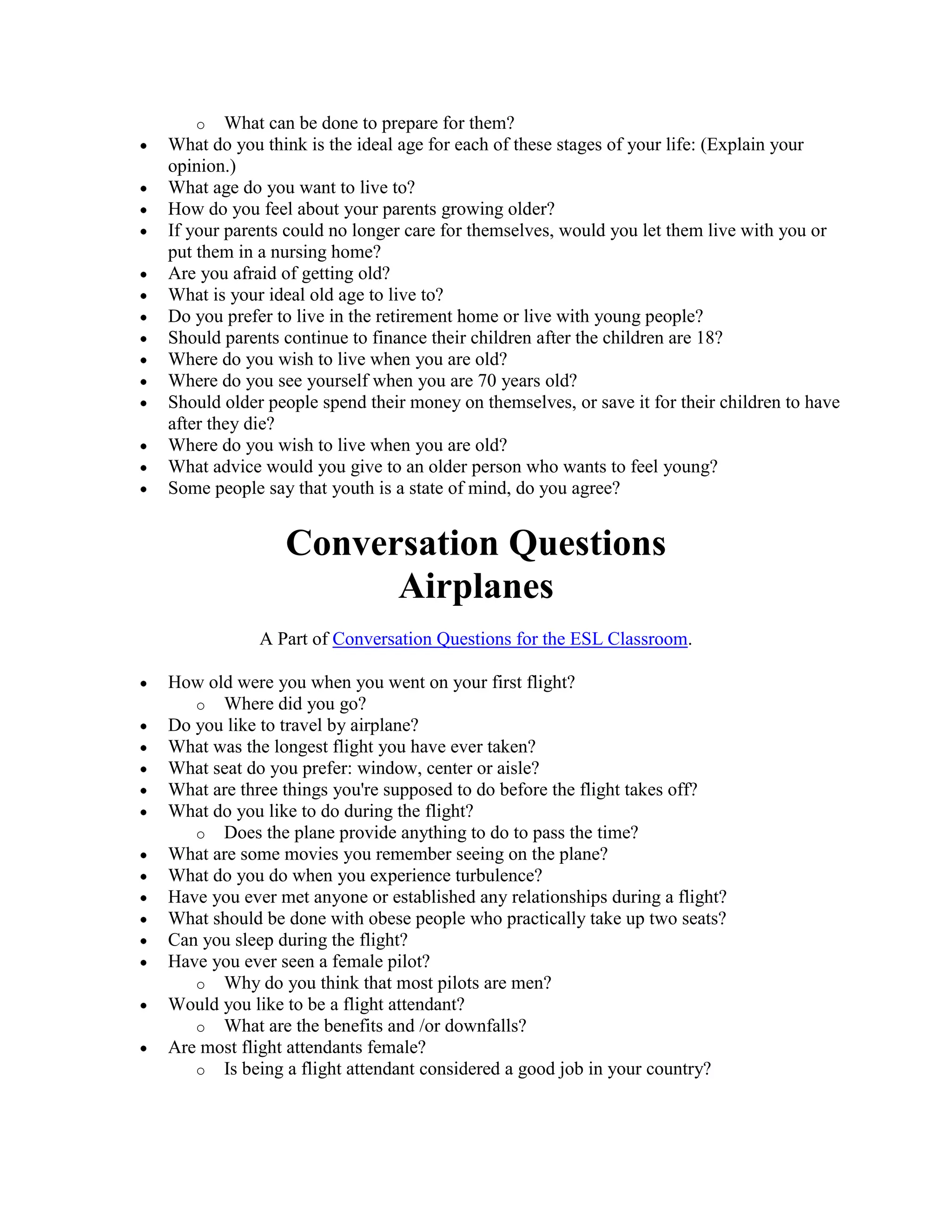 A part of conversation questions for the esl classroom | PDF