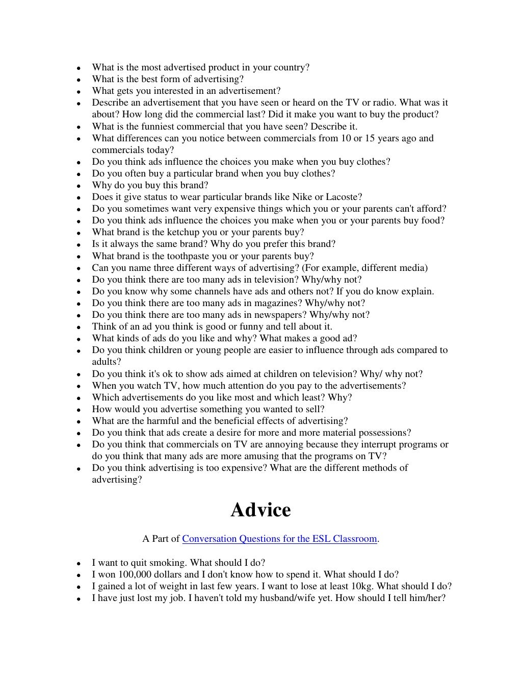 A Part Of Conversation Questions For The Esl Classroom a-part-of-conversation-questions-for-the-esl-classroom