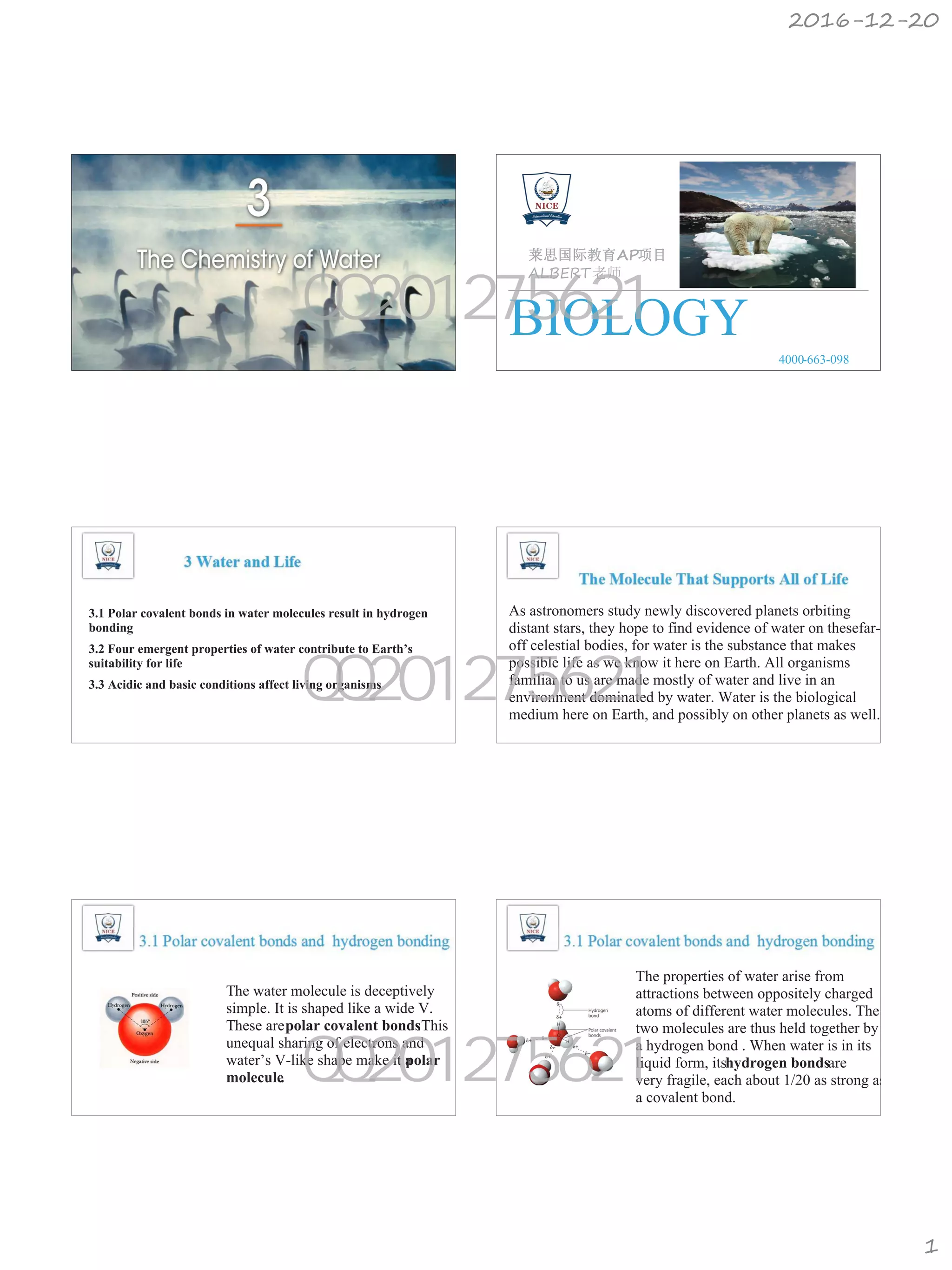 Ap biology 3 water and life | PDF