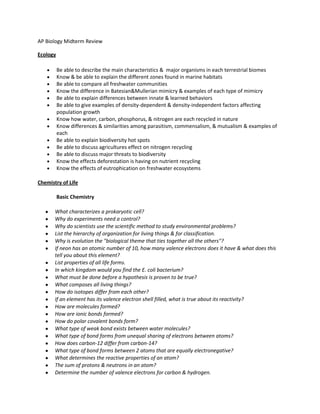 Ap biology midterm review | PDF