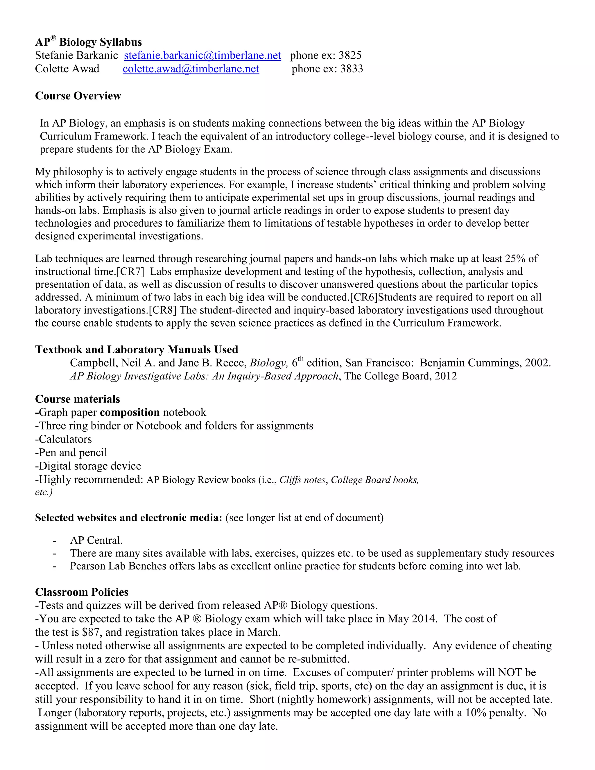 Ap biology syllabus (new version) | DOCX
