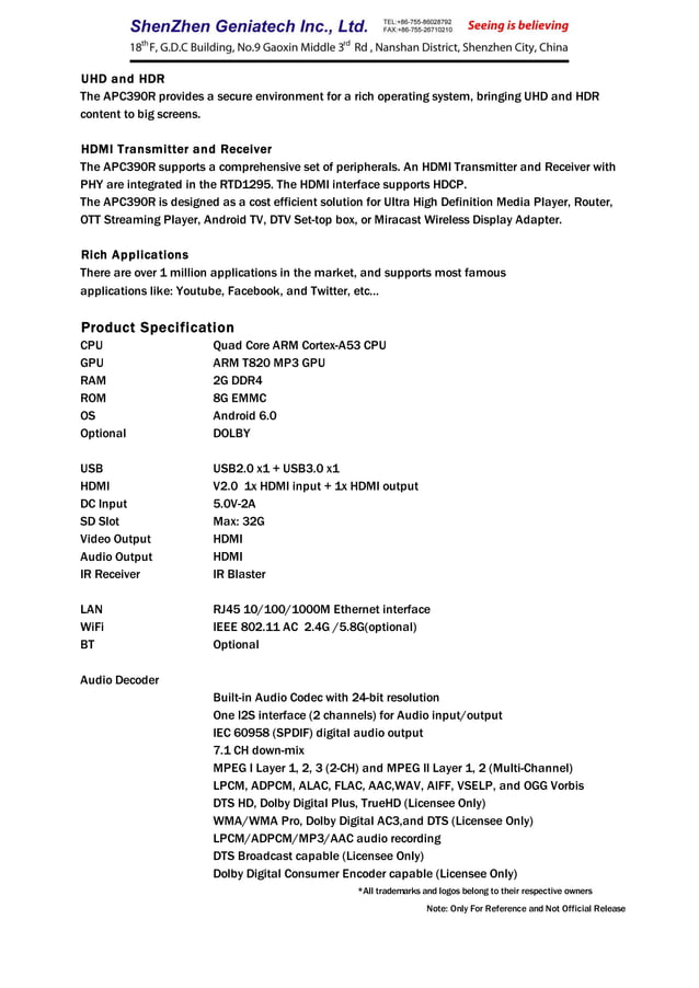 【Specification】Geniatech APC390R Android Embedded ARM based Mini PC designed for commercial use ...