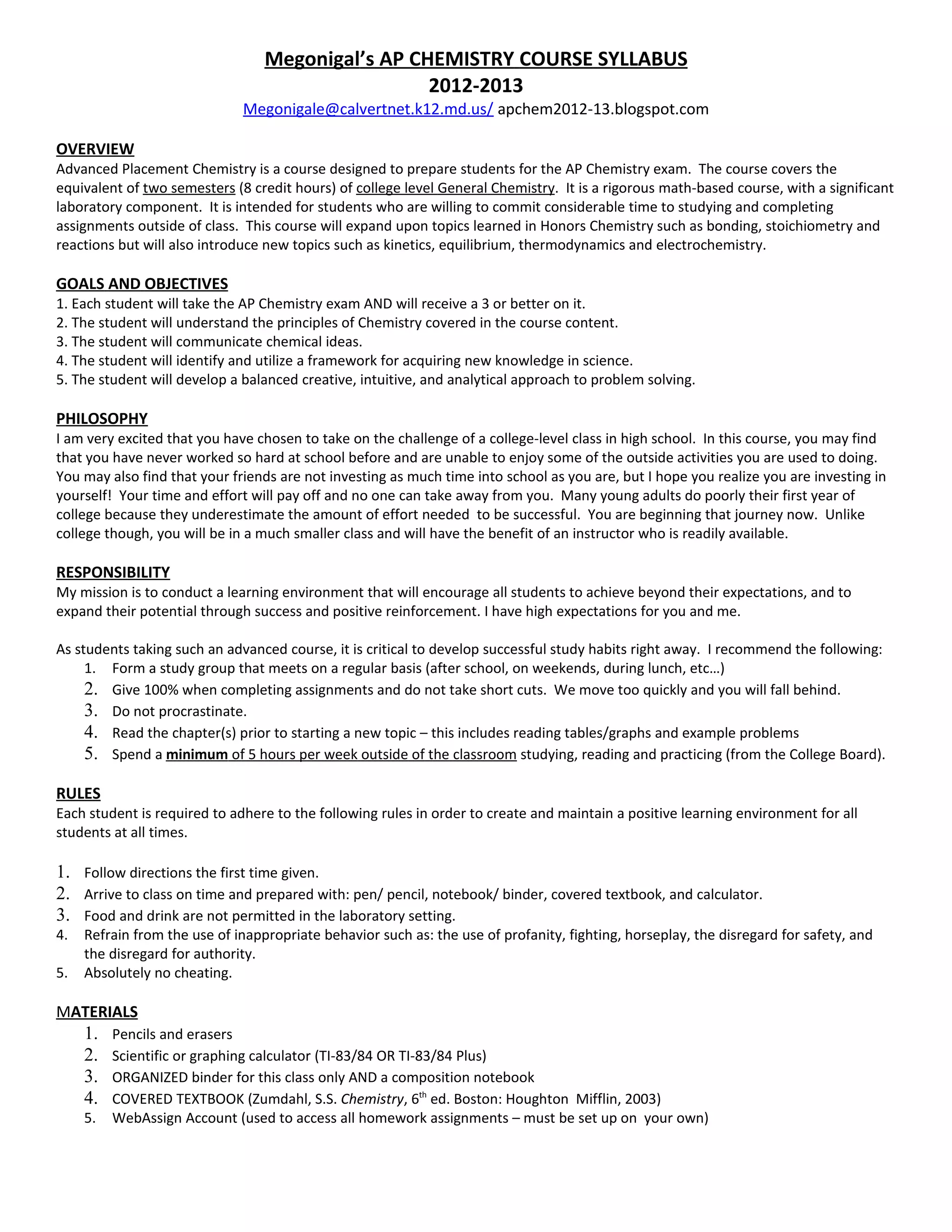 Ap chemistry course syllabus 2012 2013 | PDF