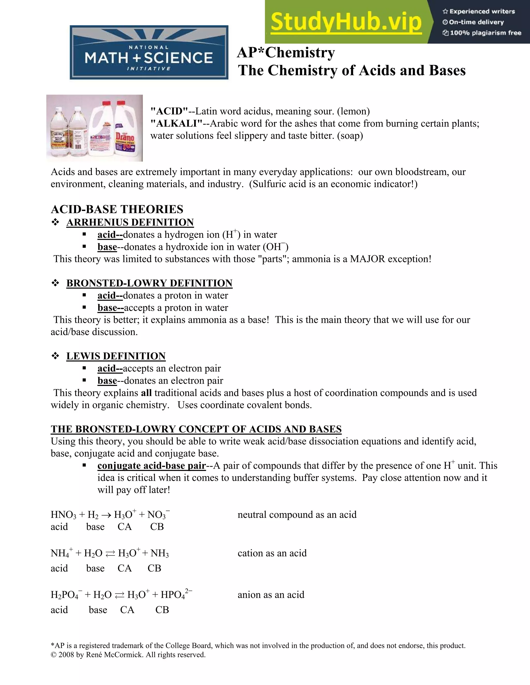 AP Chemistry The Chemistry Of Acids And Bases | PDF