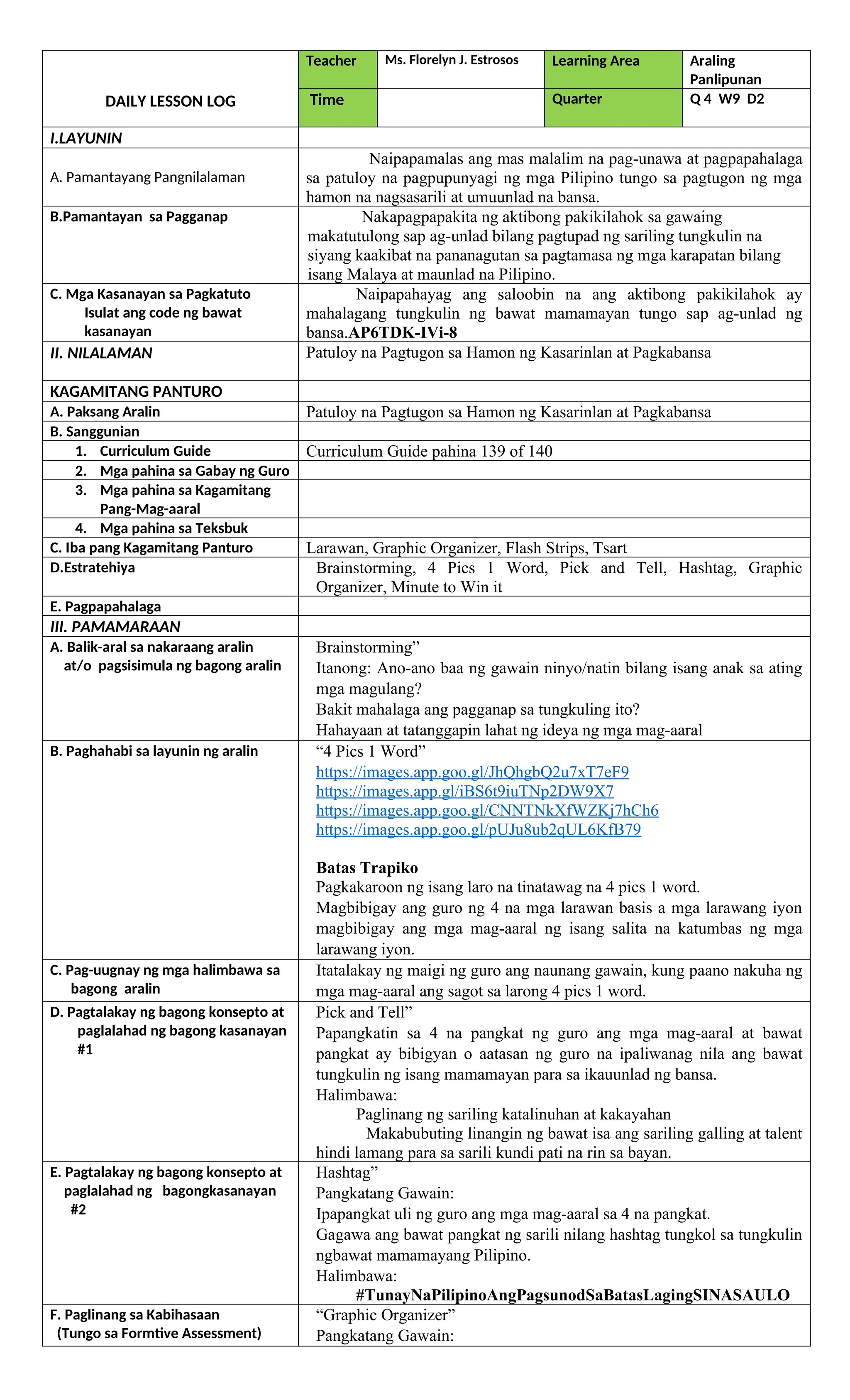 LESSON PLAN DLL FOR MATATAG CURRICULUM 1 | DOCX