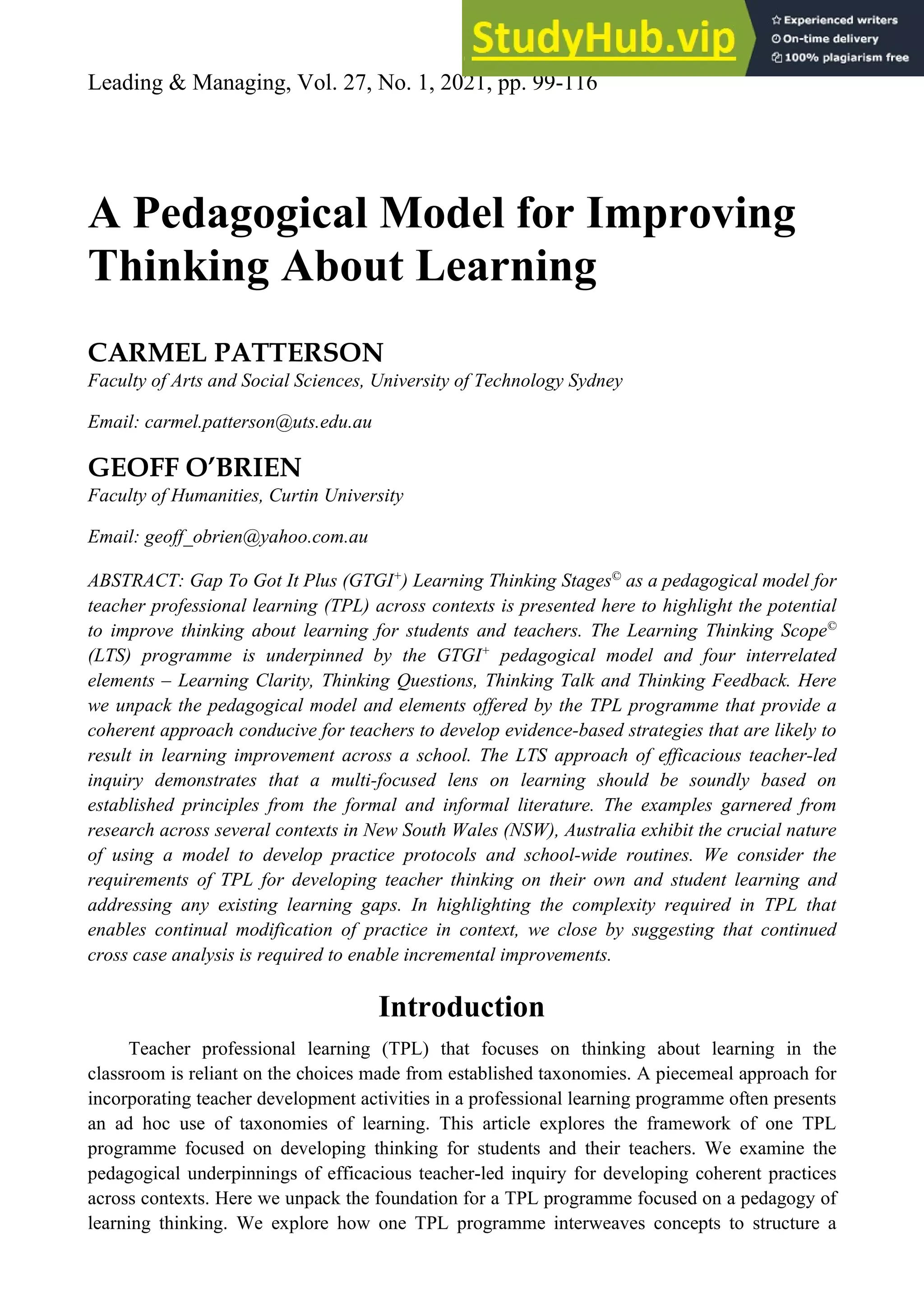 A Pedagogical Model for Improving Thinking About Learning.pdf