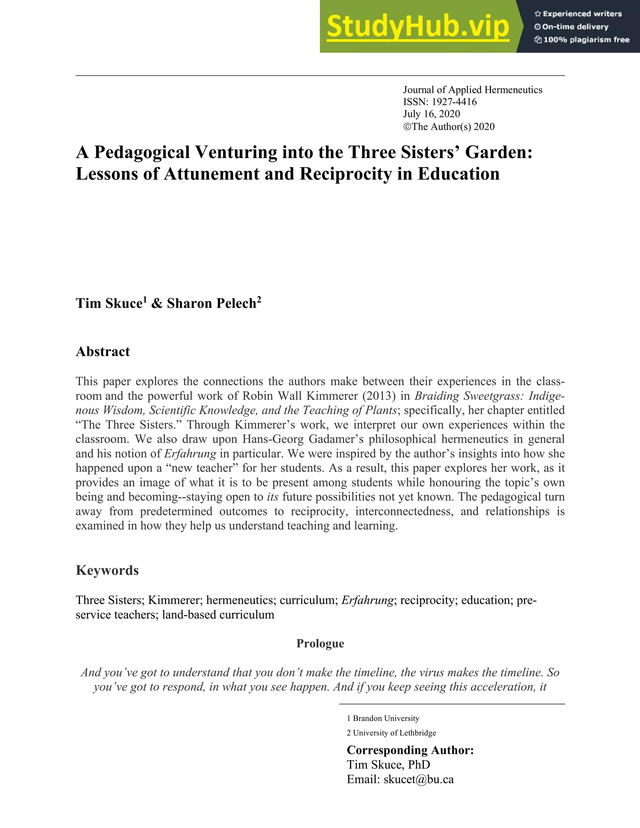 A Pedagogical Venturing into the Three Sisters Garden Lessons of ...