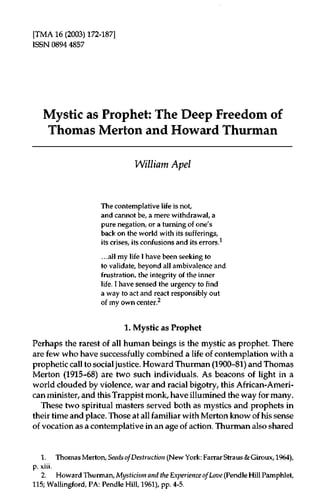 Mystic as Prophet: The Deep Freedom of Thomas Merton and Howard Thurman ...