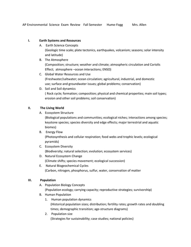 Ap environmental science exam review fall semester 2011 | DOCX ...
