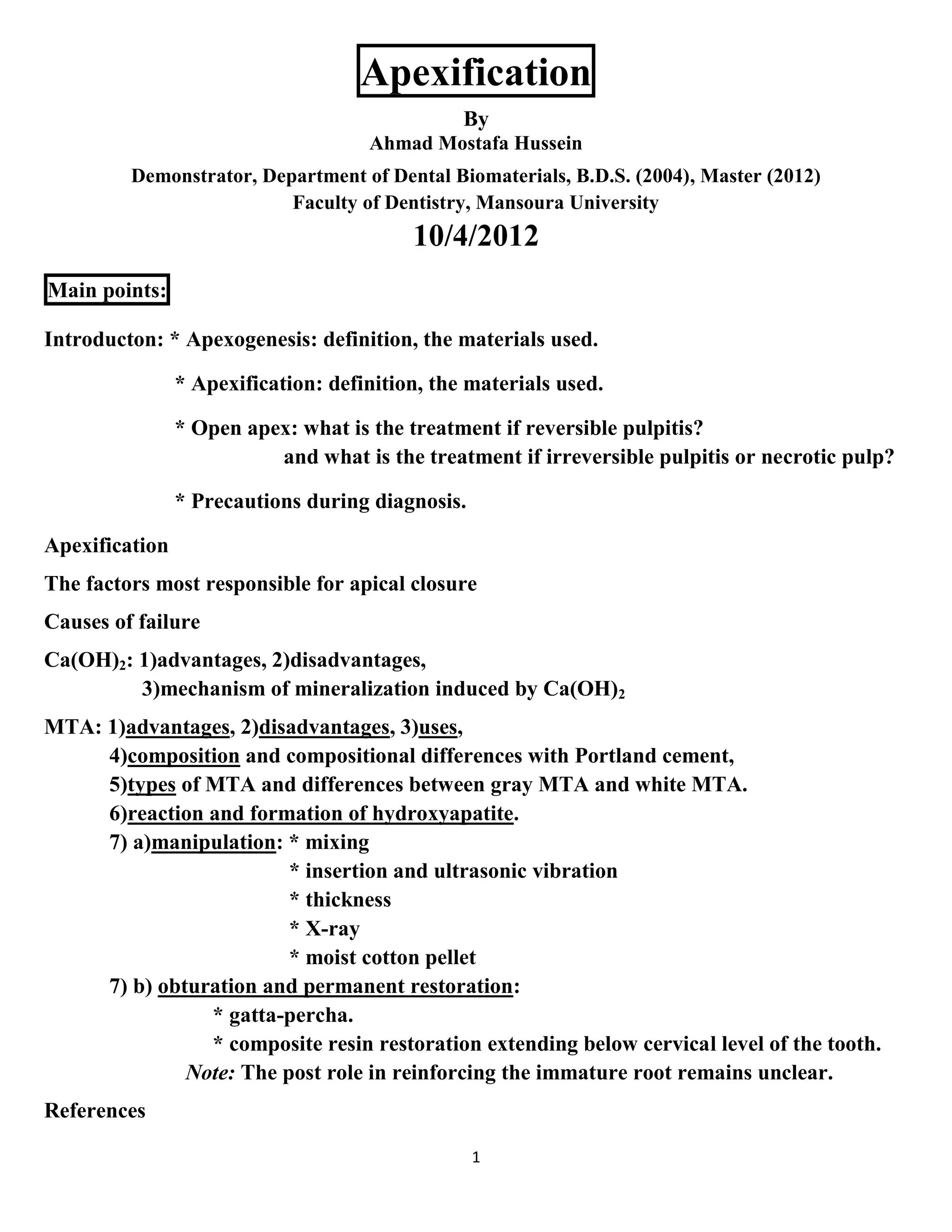 Apexification apeogenesis word2007 MTA mineral trioxide aggregate | DOCX