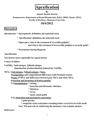 Apexification apeogenesis word2007 MTA mineral trioxide aggregate | DOCX