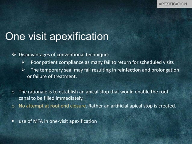 Apexogenesis & apexification | PPTX | Dental Health | Diseases and ...