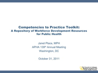 APHA2011 Competencies to Practice Toolkit | PPT