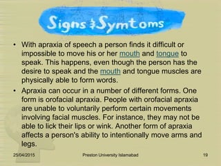 Aphasia, Laterlization Of Speech, Apraxia.pptx