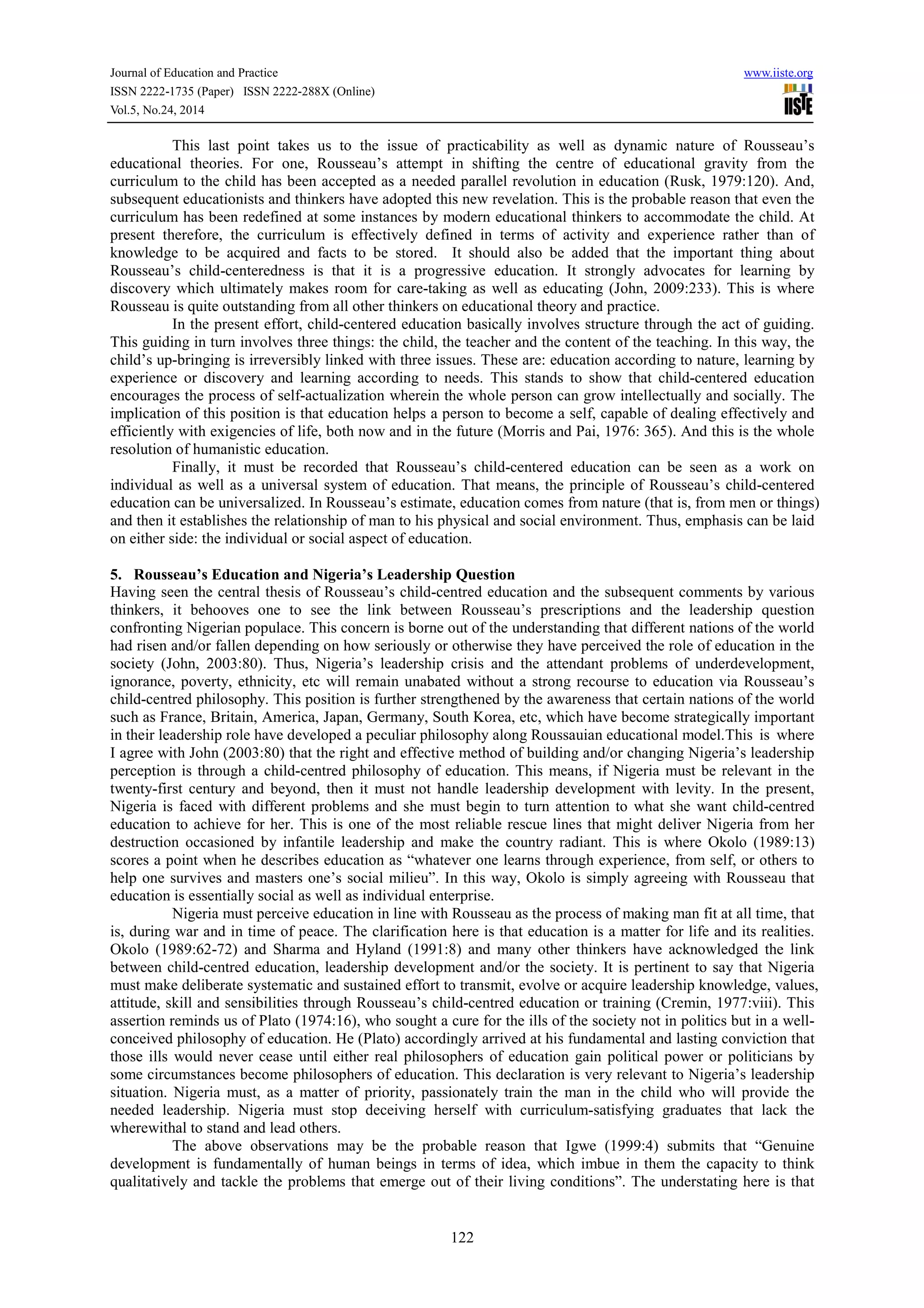 A philosophical appraisal of rousseau’s child centered education and ...