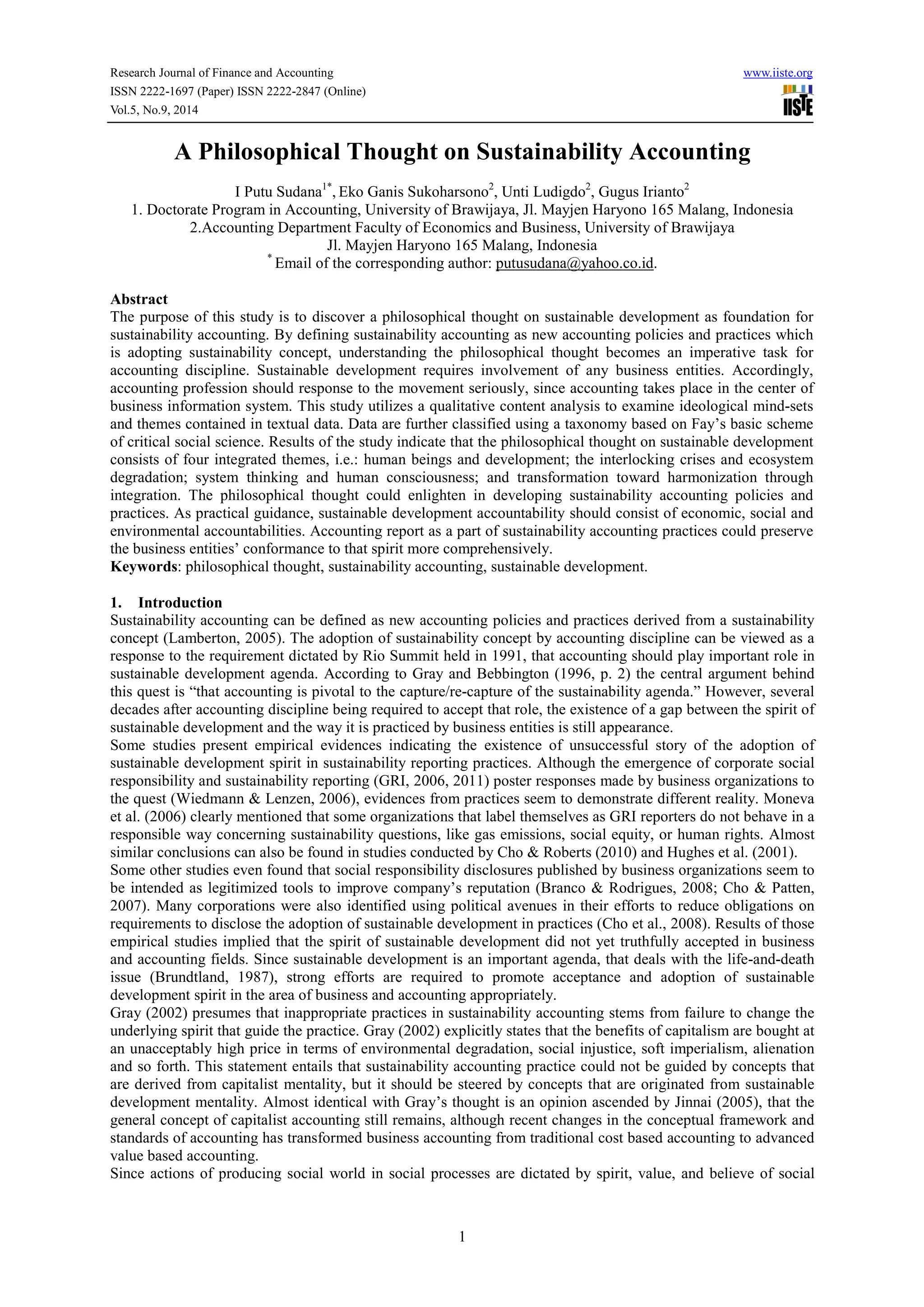 A philosophical thought on sustainability accounting | PDF