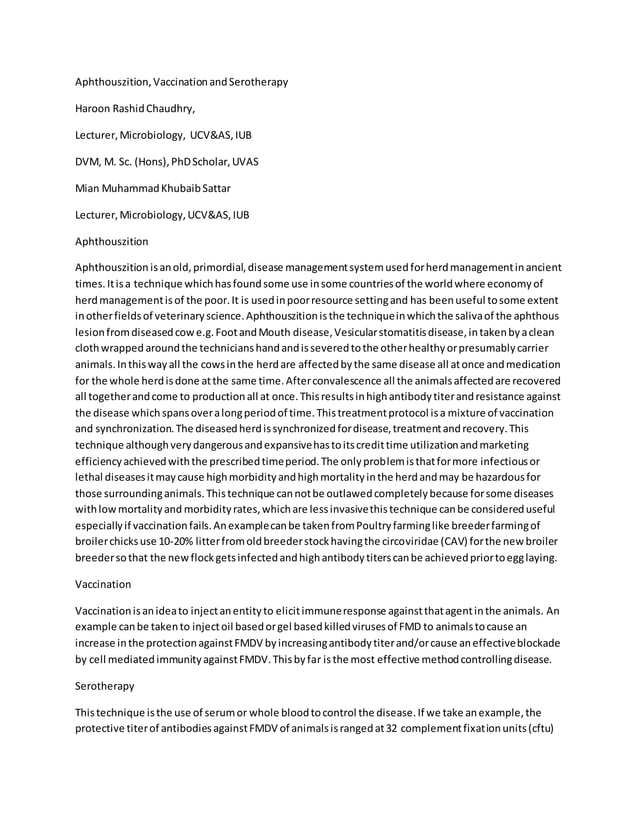 Aphthouszition, Vaccination, serotherapy | DOCX