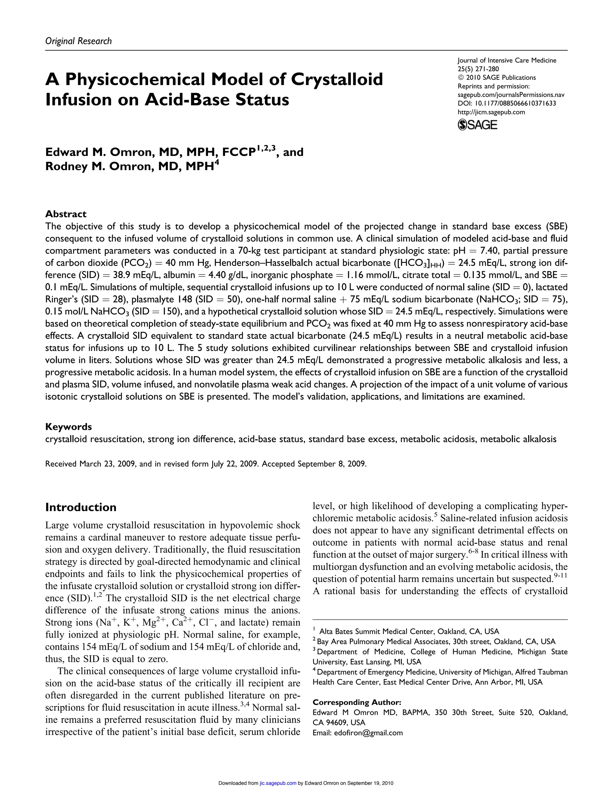 A Physicochemical Model of Crystalloid Infusion on Acid Base Status by ...