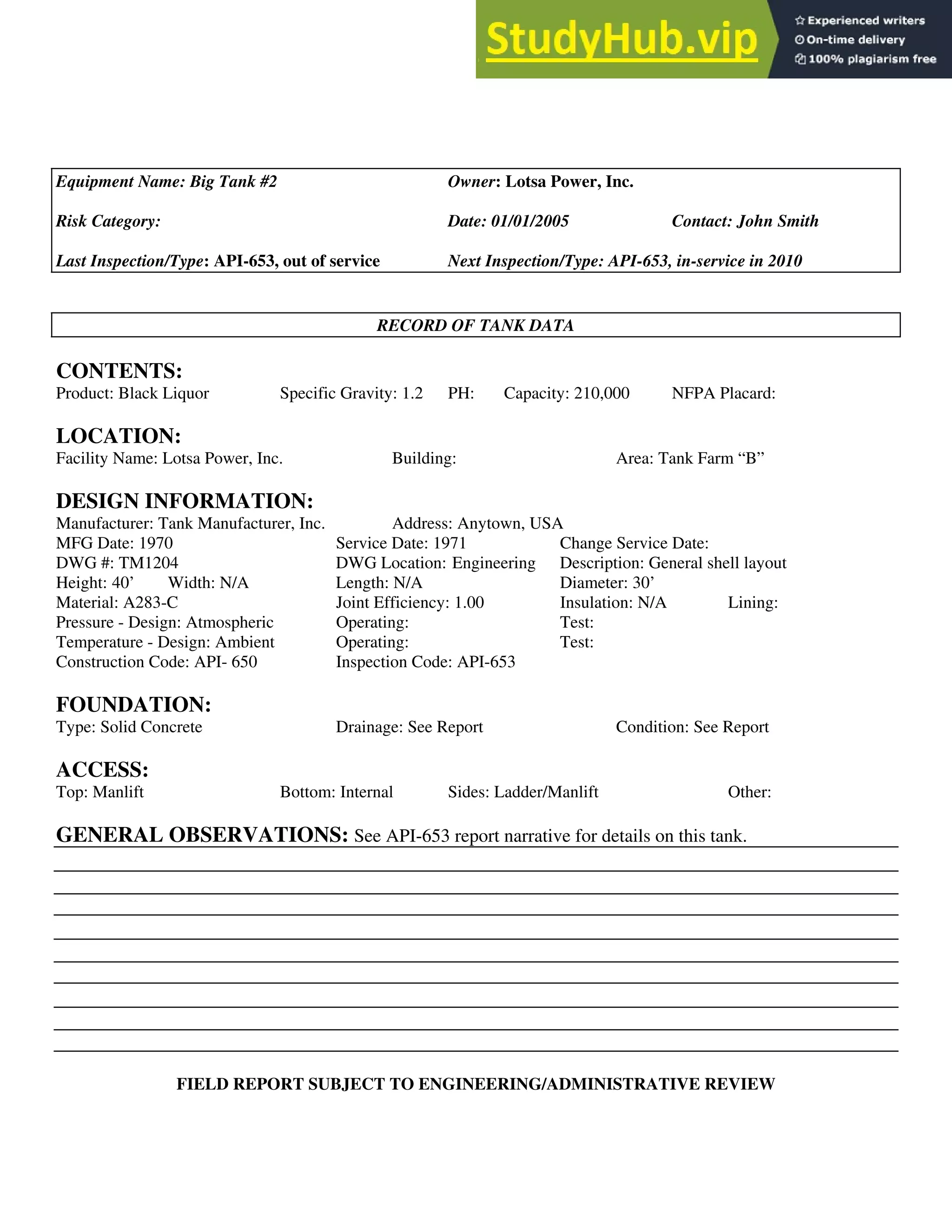 API-653 Tank Inspection Sample Report | PDF