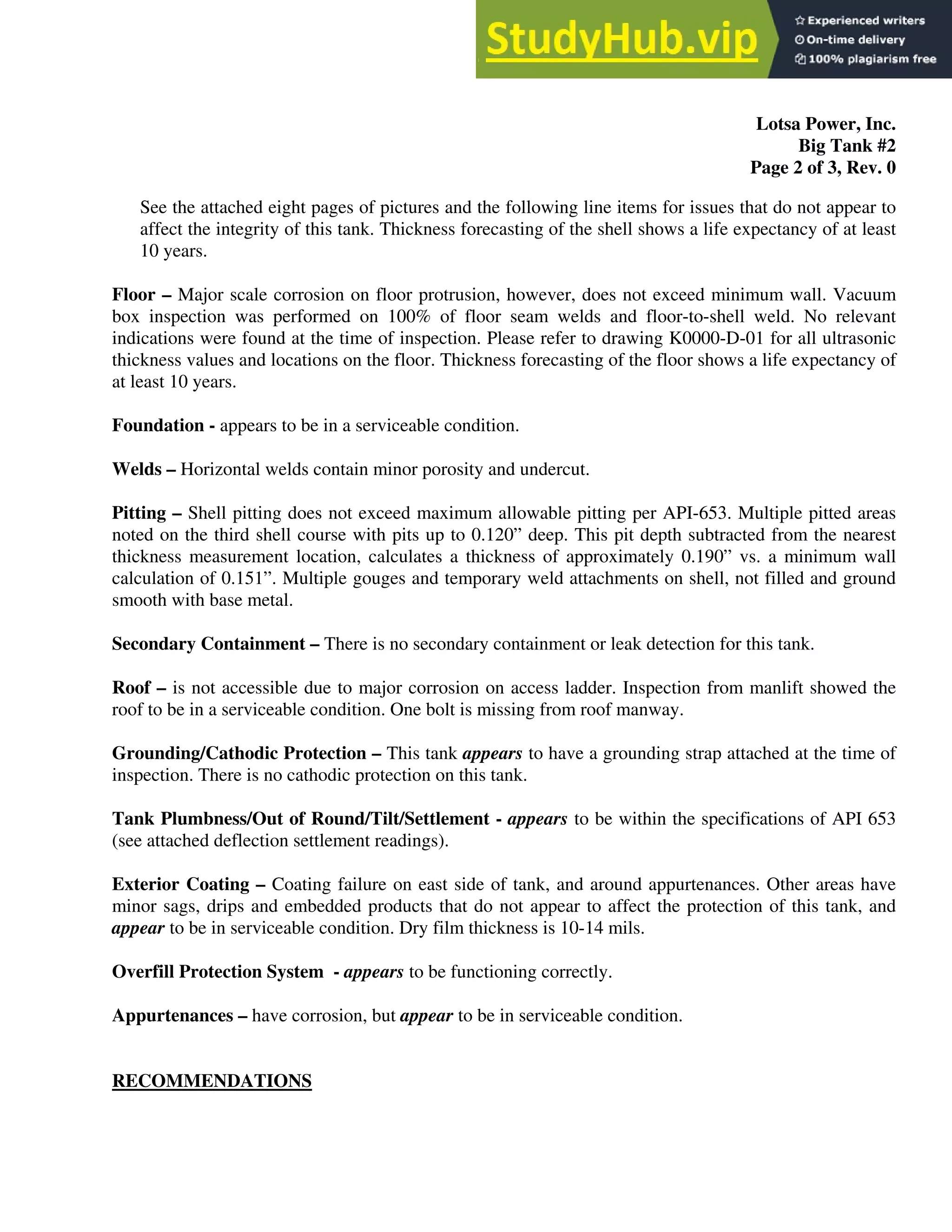 API-653 Tank Inspection Sample Report | PDF