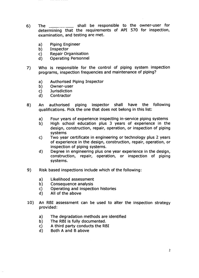 Api 570 practice questions | PDF