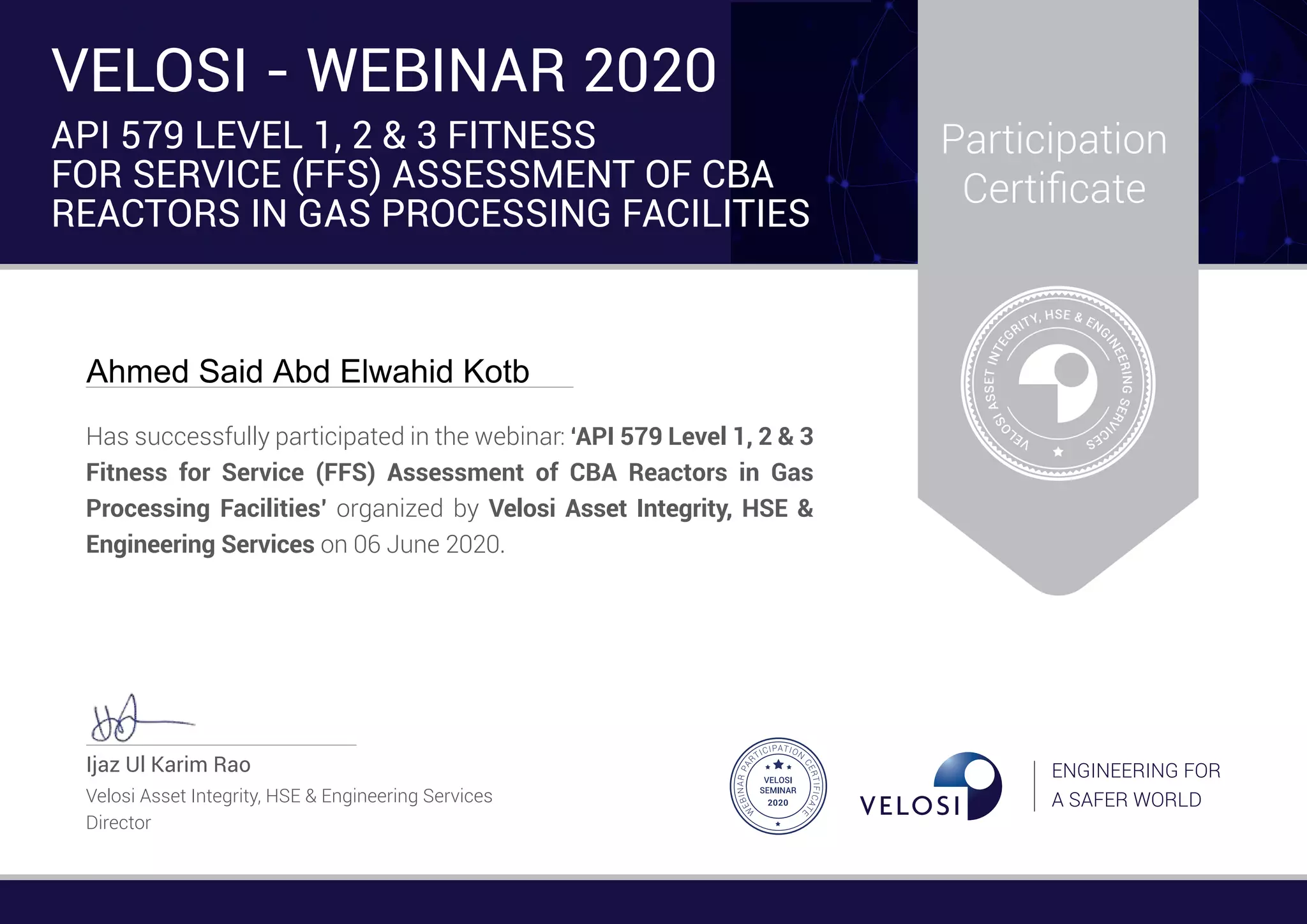 Certificate of Completion "API 579 level 1, 2 & 3 Fitness For Service ...