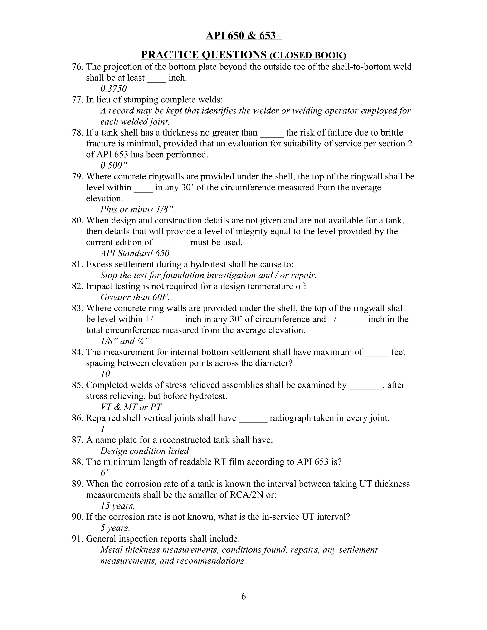 Api 650 & 653 questions closed book with answers | DOC