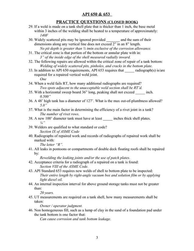 Api 650 & 653 questions closed book with answers | DOC