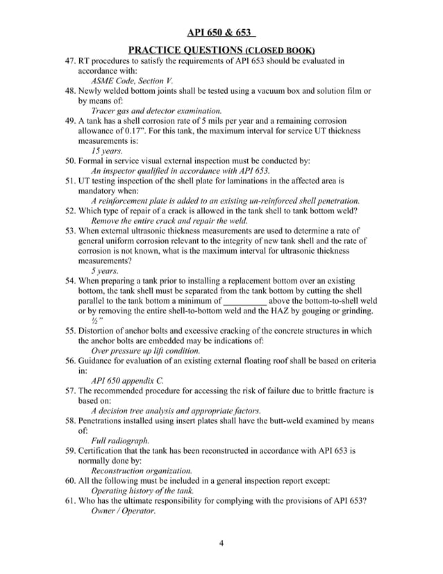 Api 650 & 653 questions closed book with answers | DOC
