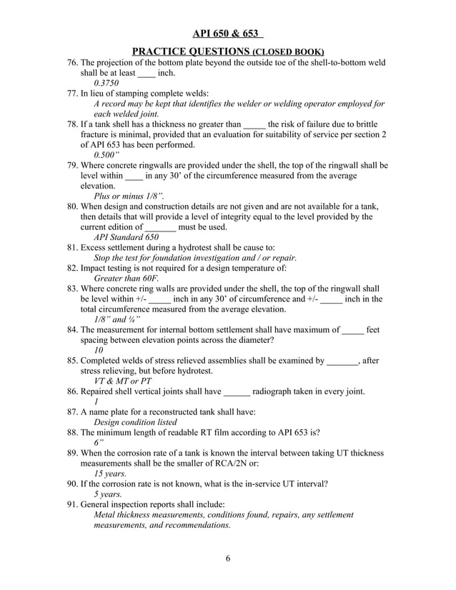 Api 650 & 653 questions closed book with answers | DOC