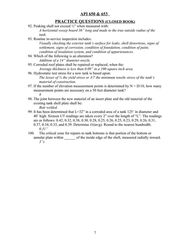 Api 650 & 653 questions closed book with answers | DOC