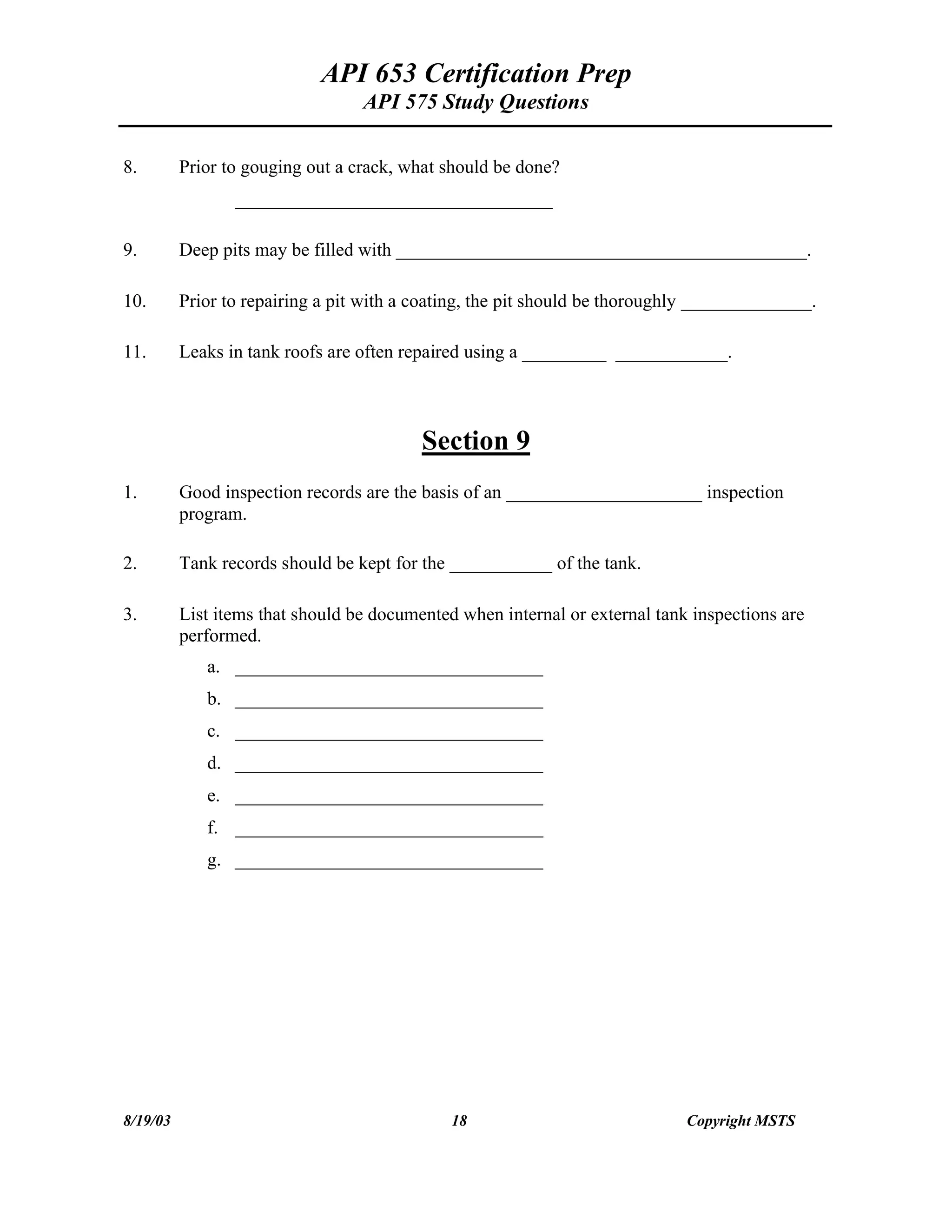 Api 653 study guide | PDF