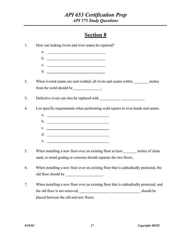 Api 653 study guide | PDF