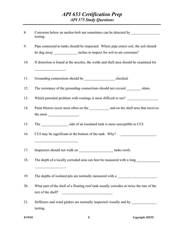 Api 653 study guide | PDF