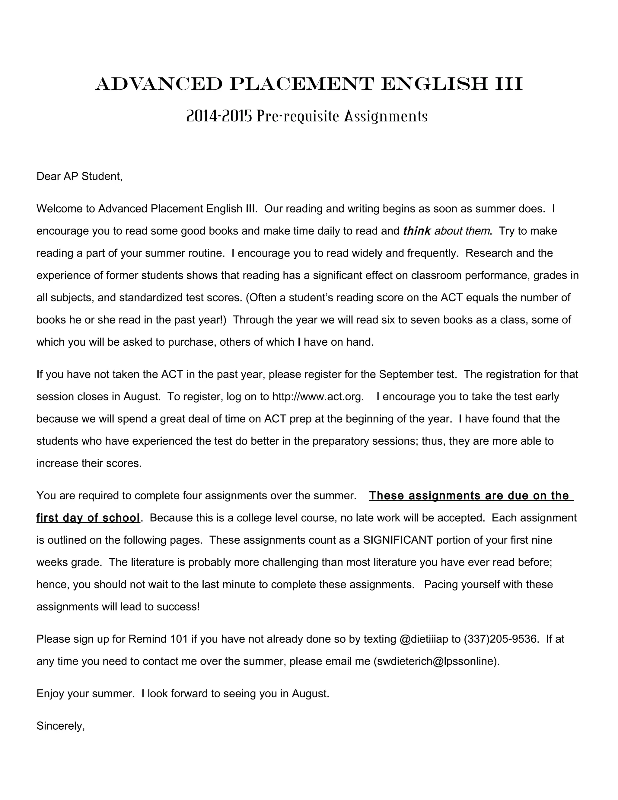 AP III Summer Assignments 14-15 | PDF