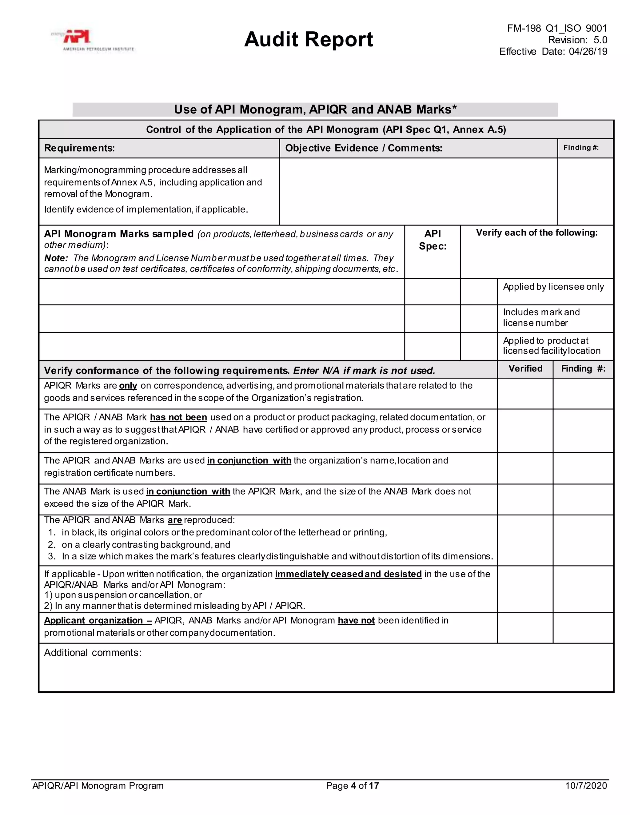 Api q1 6 a monogram-iso audit template- blank | DOCX
