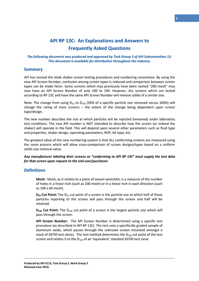 API RP 13C Explanation FAQ Sheet 2010 | PDF