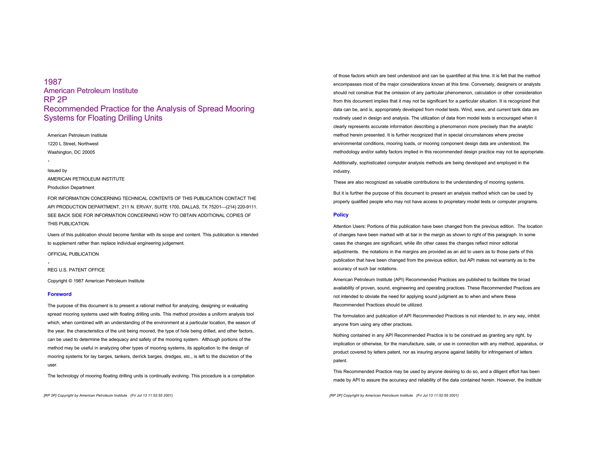 API RP 2P RP for analysis of spread mooring sys for floating.pdf