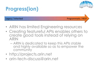 ARIN API Software and Development Toolkit | PPTX | Web Development | Internet
