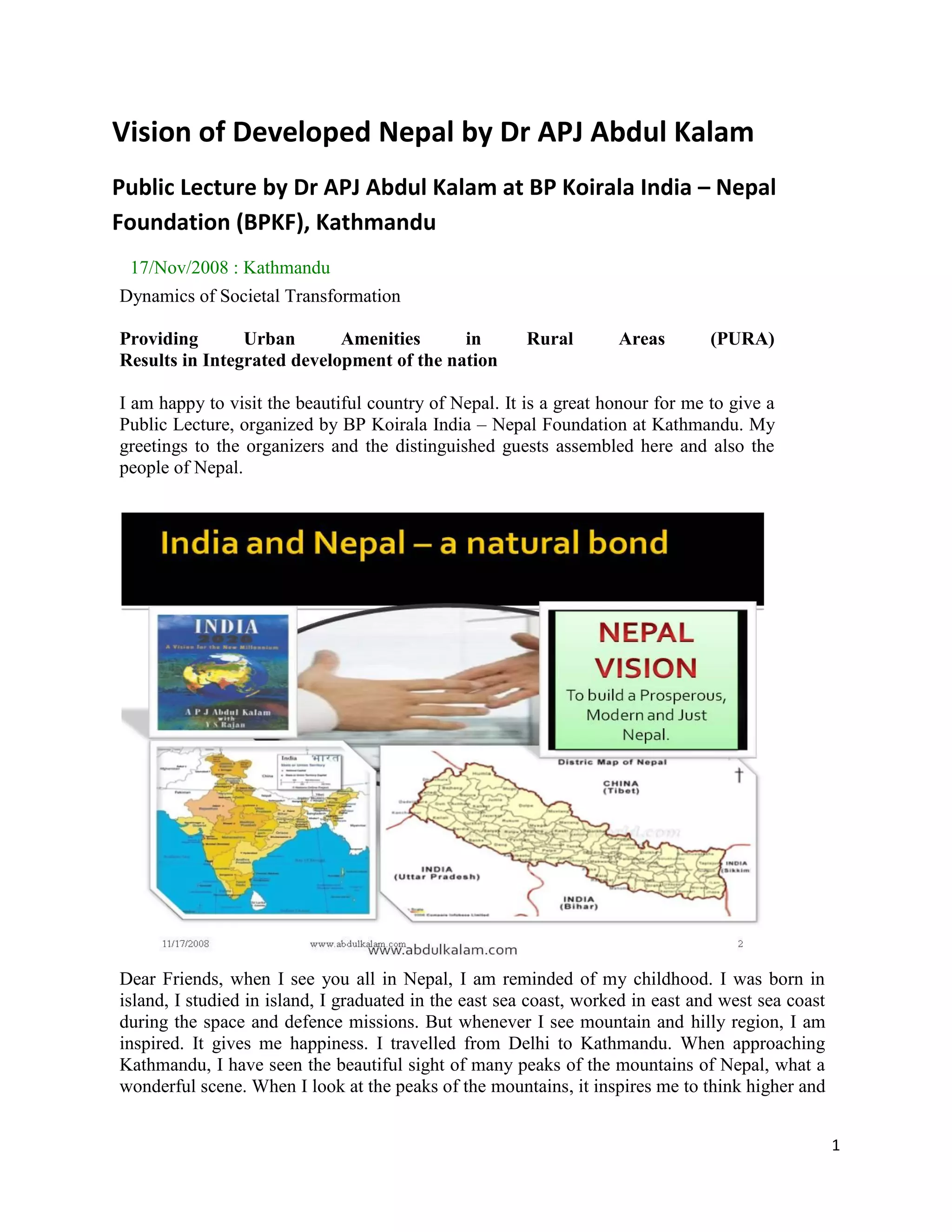 Apj abdul kalam's vision of developed nepal nov 2008 | PDF