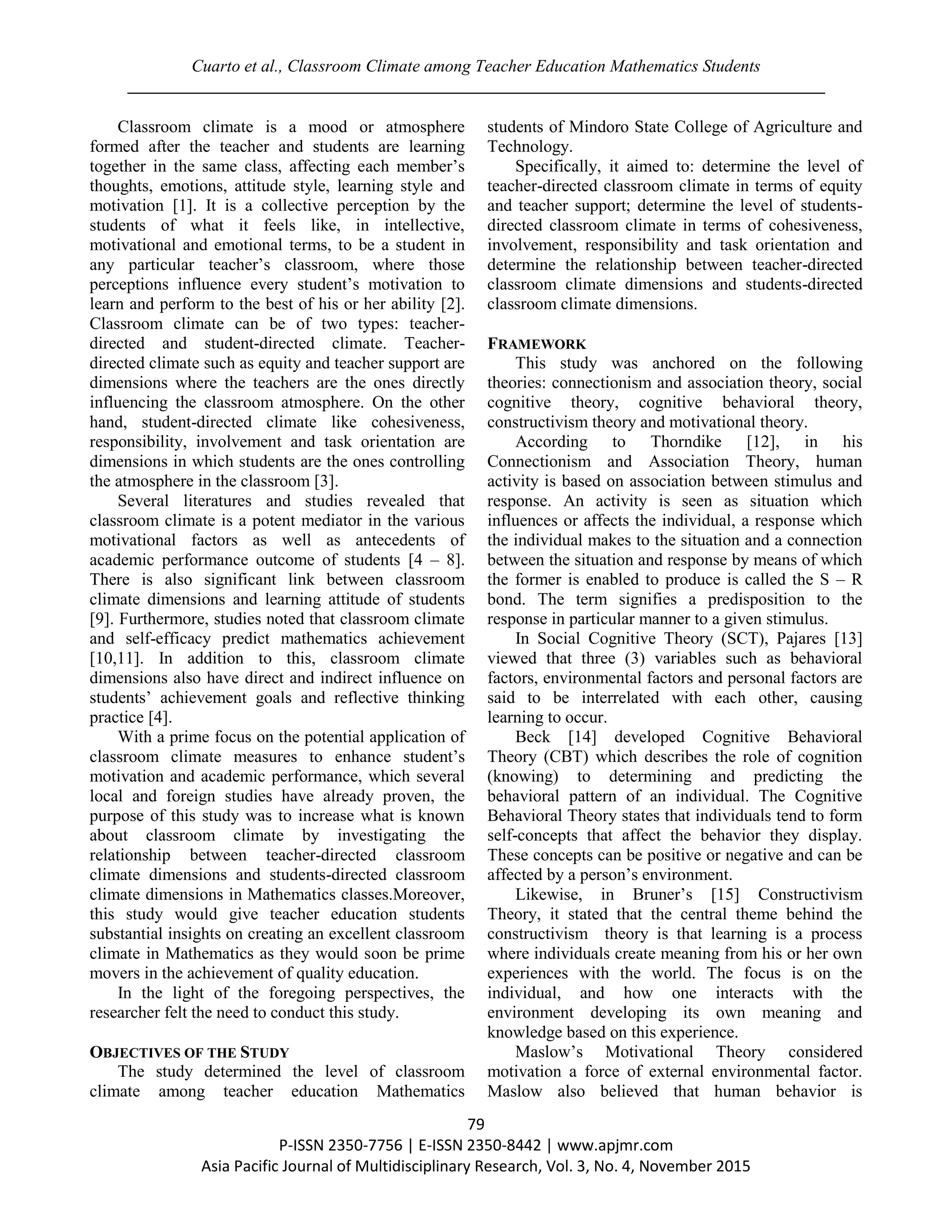 Classroom Climate in Mathematics Classes among Teacher Education ...