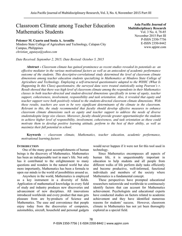 Classroom Climate in Mathematics Classes among Teacher Education ...