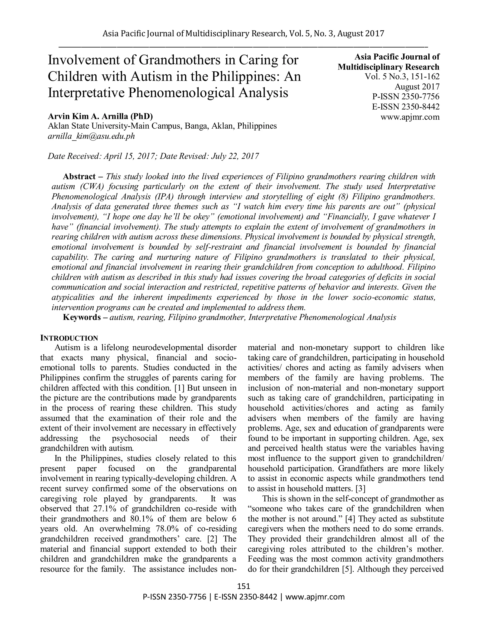 Involvement of Grandmothers in Caring for Children with Autism in the Philippines: An ...