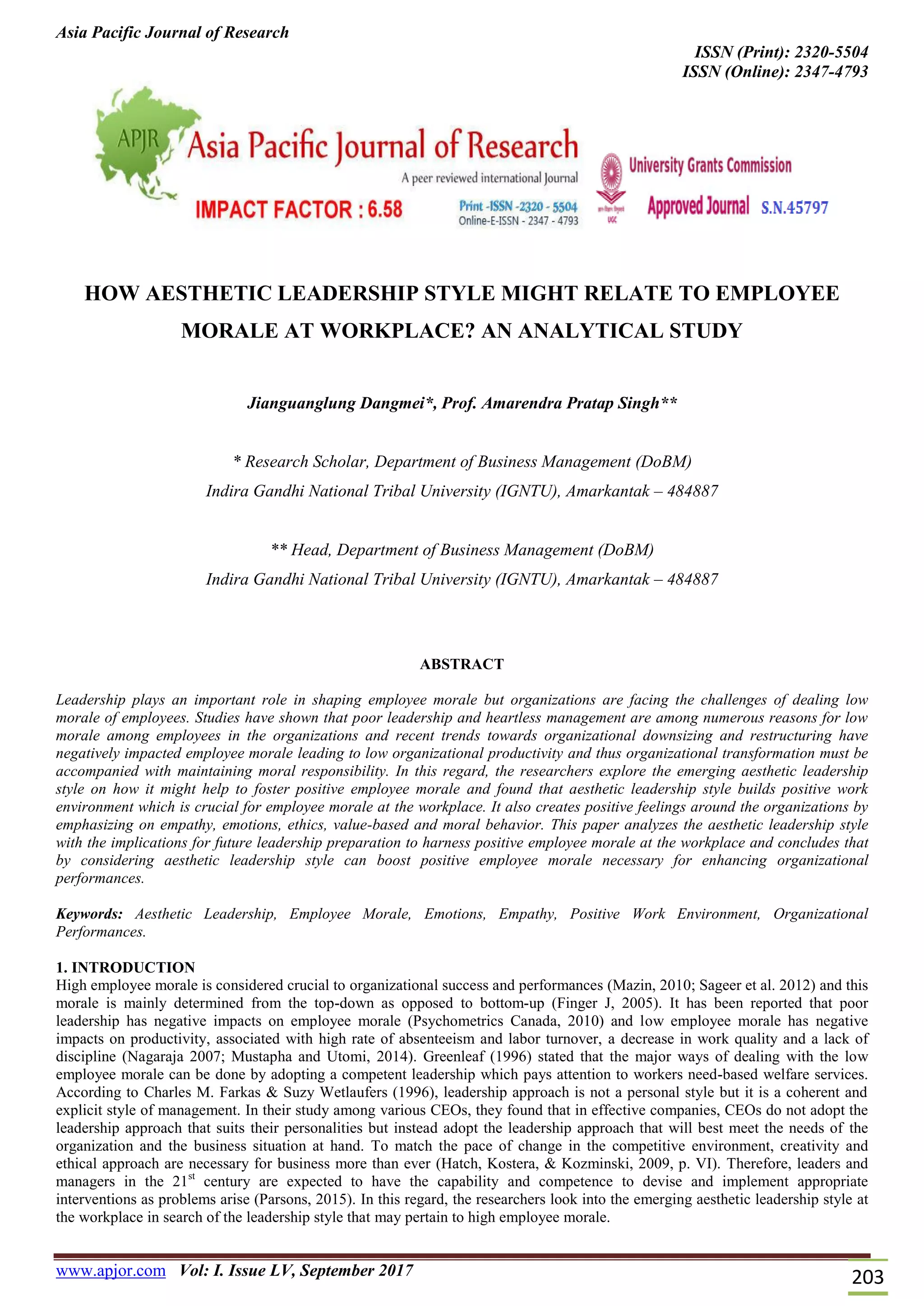 HOW AESTHETIC LEADERSHIP STYLE MIGHT RELATE TO EMPLOYEE MORALE AT ...