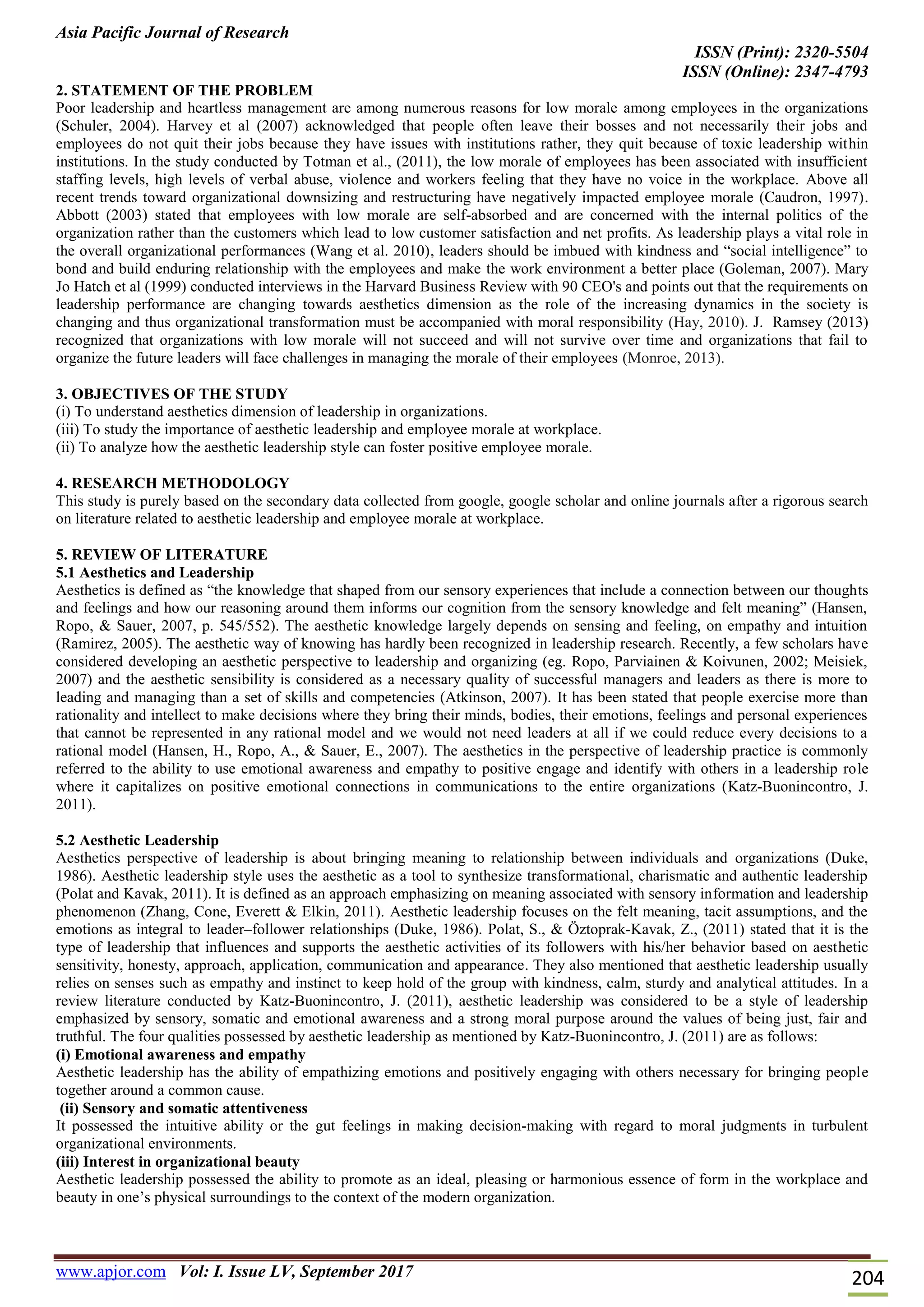 HOW AESTHETIC LEADERSHIP STYLE MIGHT RELATE TO EMPLOYEE MORALE AT WORKPLACE? AN ANALYTICAL STUDY ...