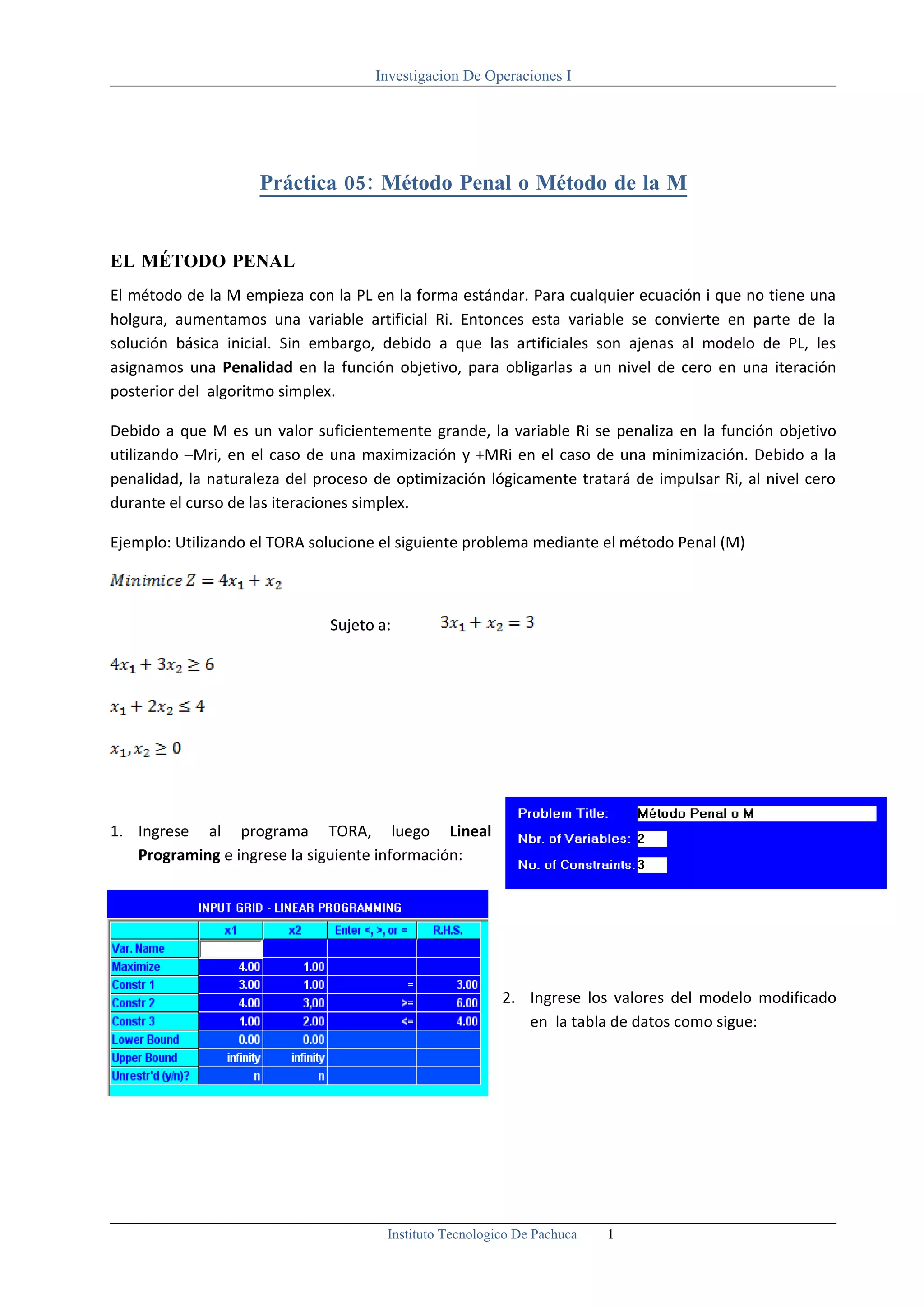 Aplicacion De Tora Para Resolver Ejercicios Del Metodo De La Gran M | DOC