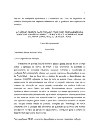 APLICAÇÃO PRÁTICA DA TÉCNICA DO PDCA E DAS FERRAMENTAS DA QUALIDADE NO ...
