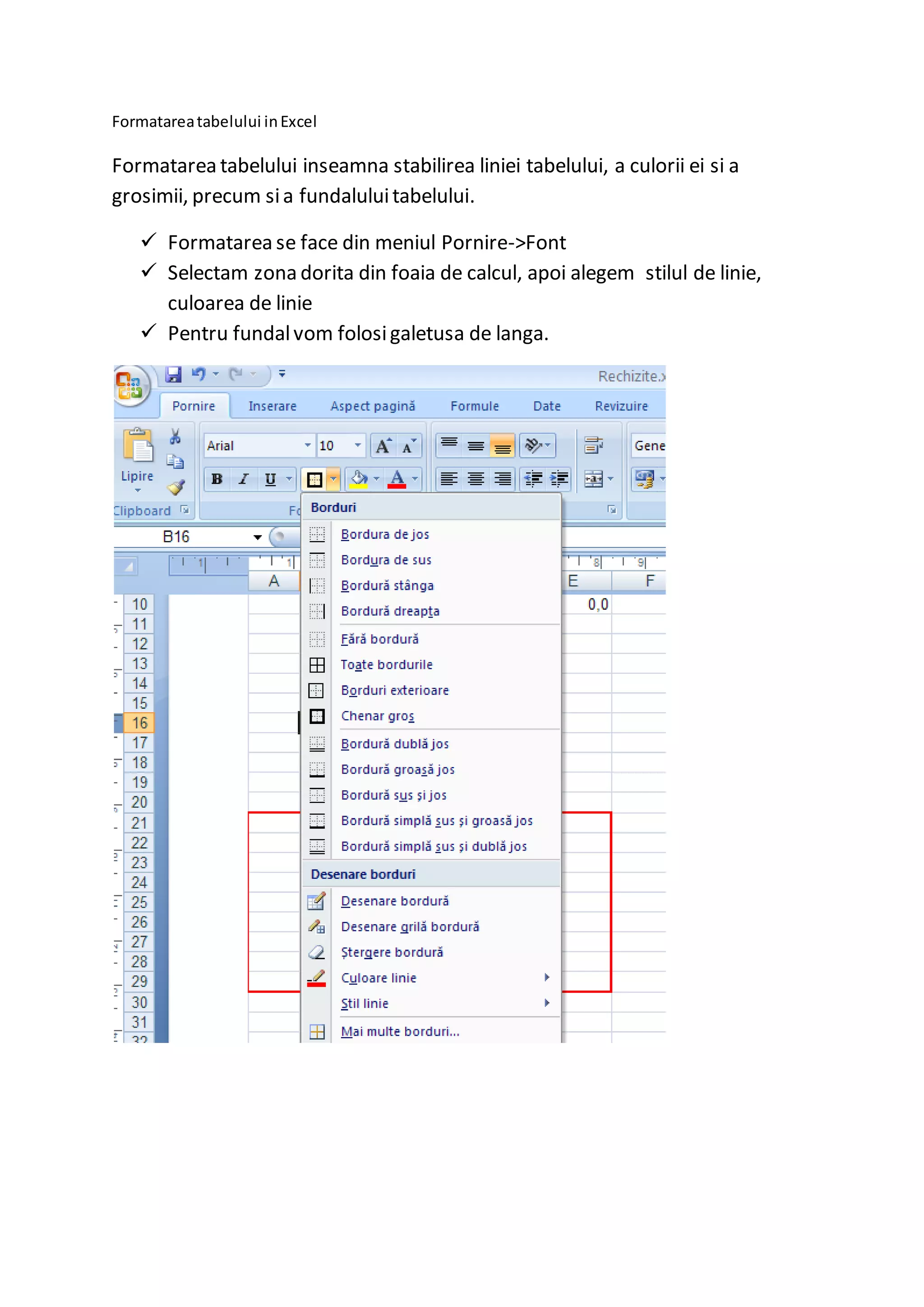 Aplicatie formatare tabel-celule excel | DOCX