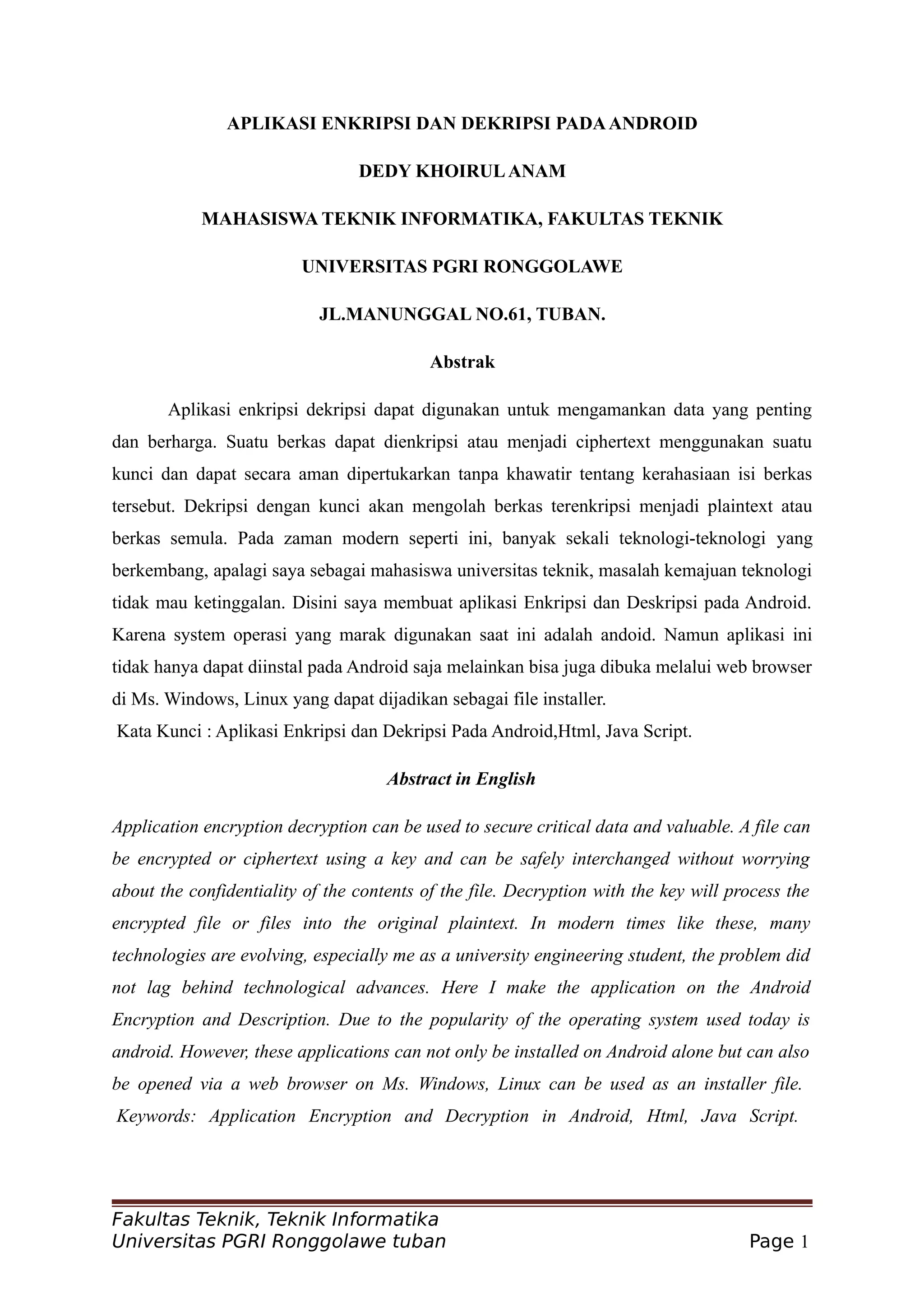 Aplikasi enkripsi dan dekripsi pada android | PDF